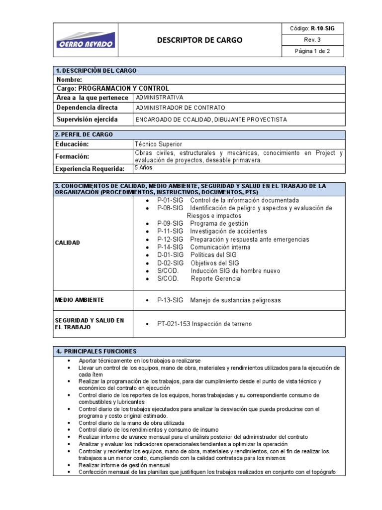R-10-SIG Descriptor de Cargo Rev3 Programacion y control (1) | PDF