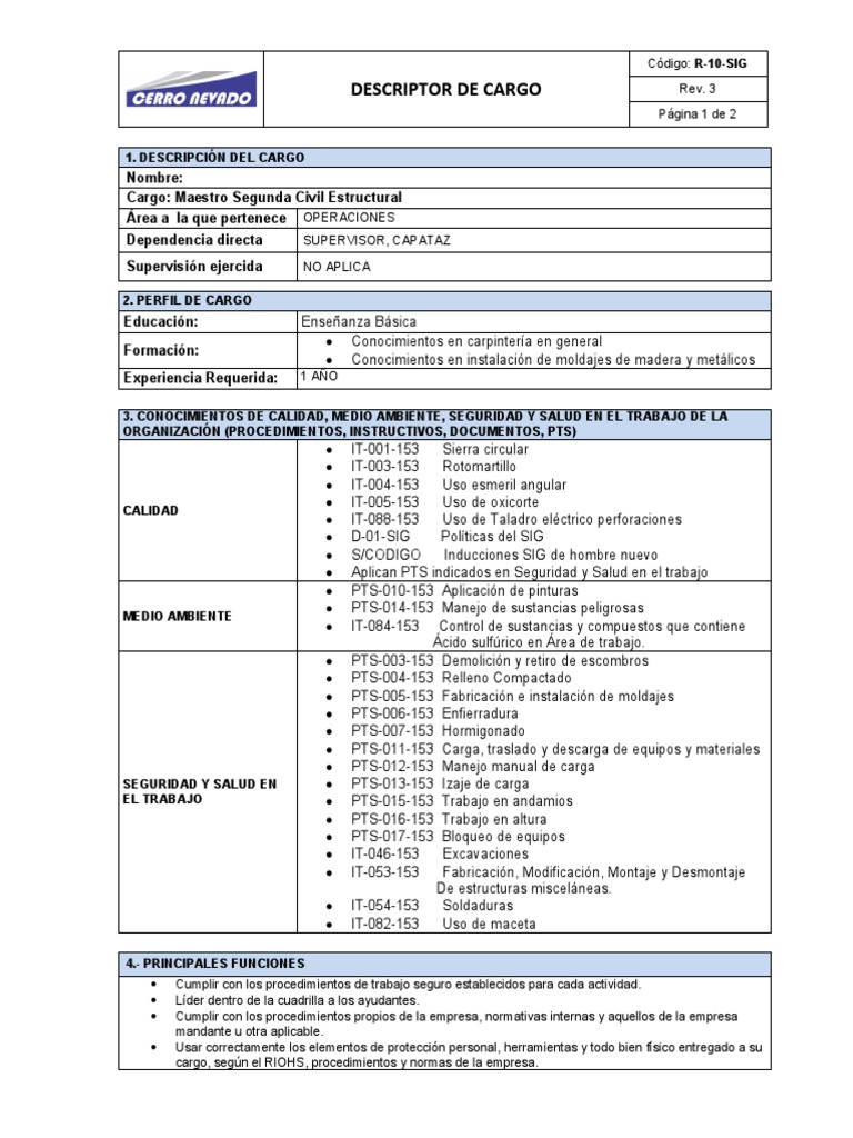 R-10-SIG Descriptor de Cargo Rev3 M-2 | PDF | Hormigón