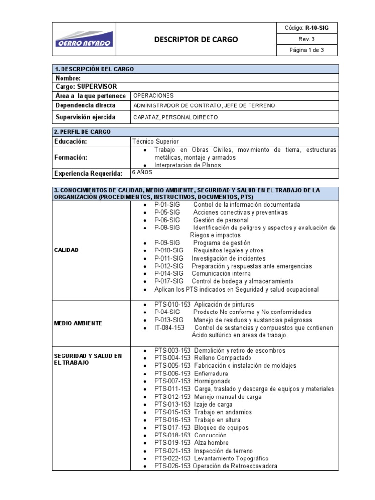 R-10-SIG Descriptor de Cargo Rev3 Supervisor | PDF