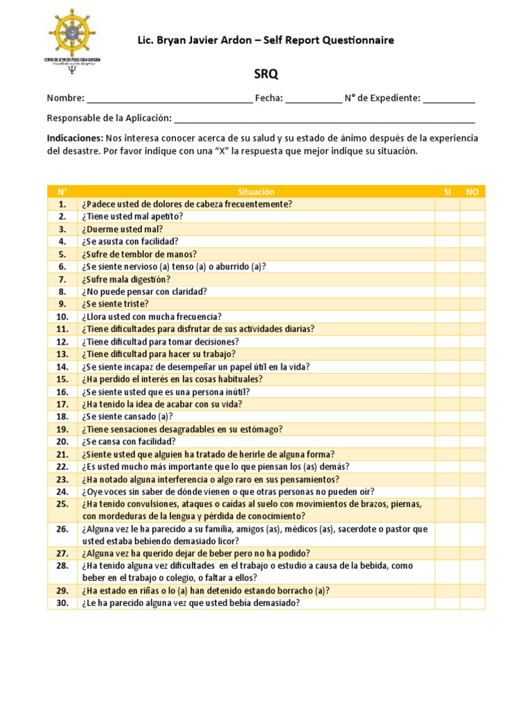 SRQ (Self Reporting Questionnaire) | PDF