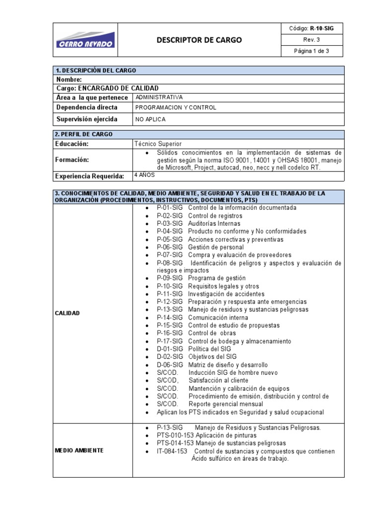 R-10-SIG Descriptor de Cargo Rev3 CALIDAD | PDF | Calidad (comercial)