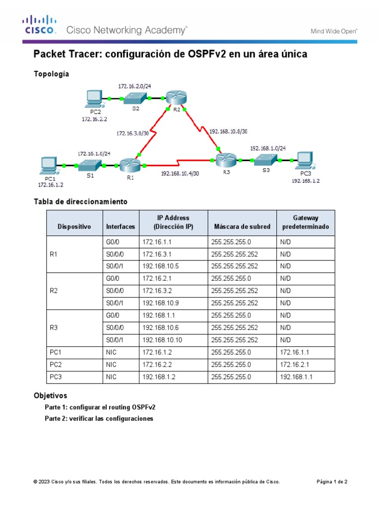 Configuración de OSPFv2 en Área Única - Instructiones | PDF | Telecomunicaciones | Protocolos de ...
