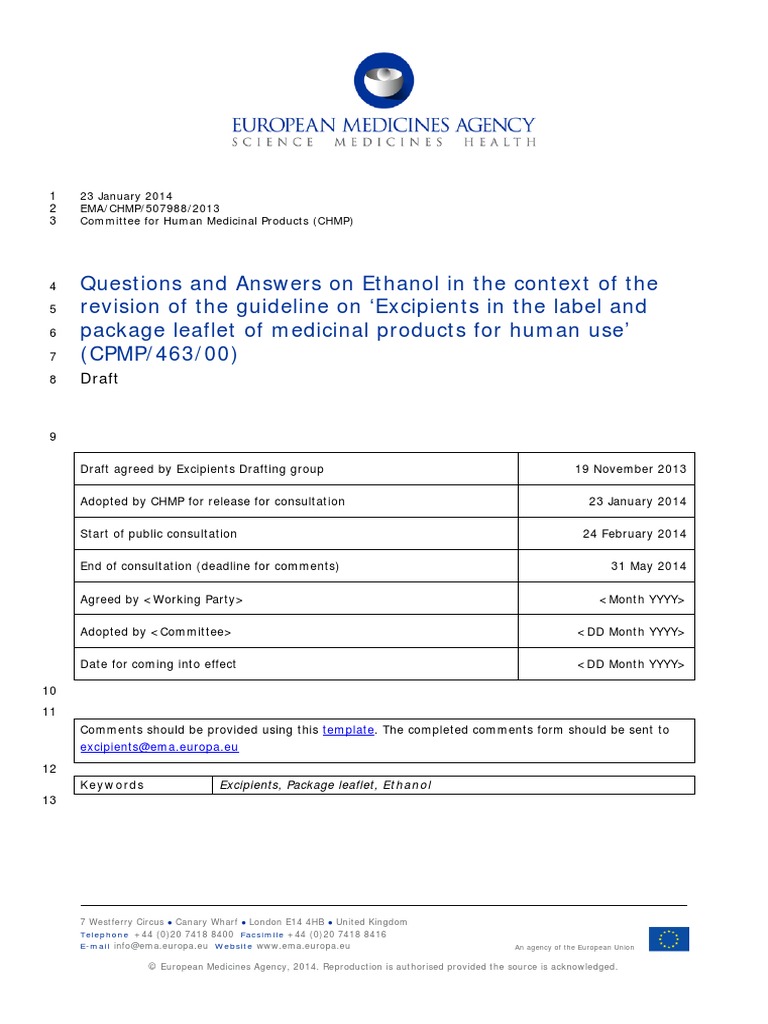 Questions Answers Ethanol Context Revision Guideline Excipients Label ...