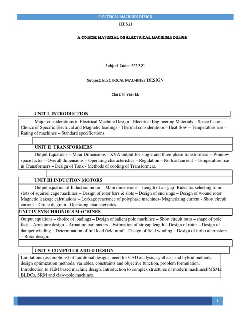 Unit I Introduction: EEE 521 A Course Material On Electrical Machines ...