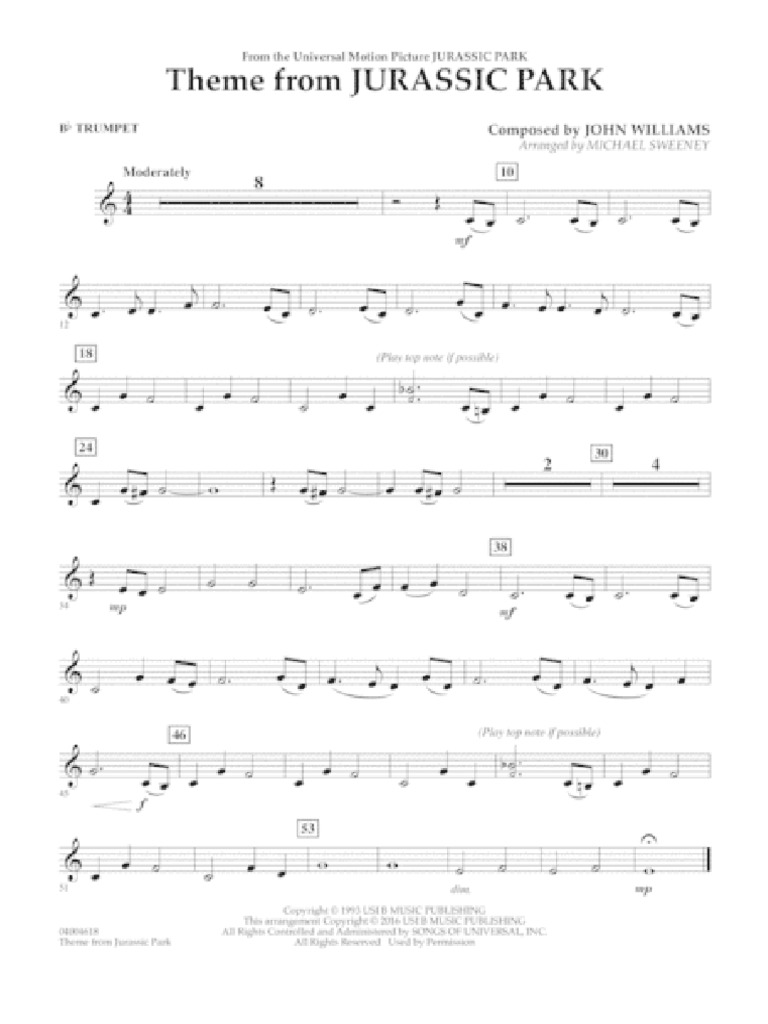 Jurassic Park Tema Spartito Tromba | PDF
