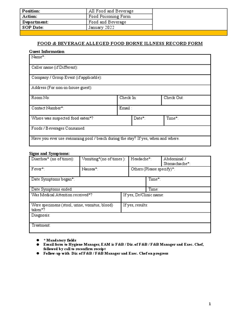 Food & Beverage Alleged Food Borne Illness Record Form STHH | PDF ...