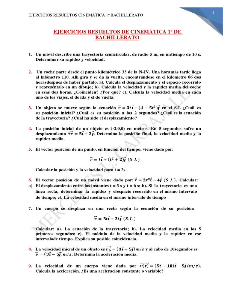 Cinemática 1º Bachillerato Ejercicios Resueltos | PDF | Aceleración | Velocidad