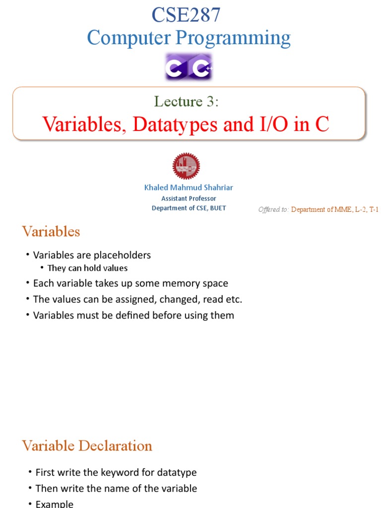 Cse287jul2021 Lectureslide 03 Variables Datatypes Io Pdf