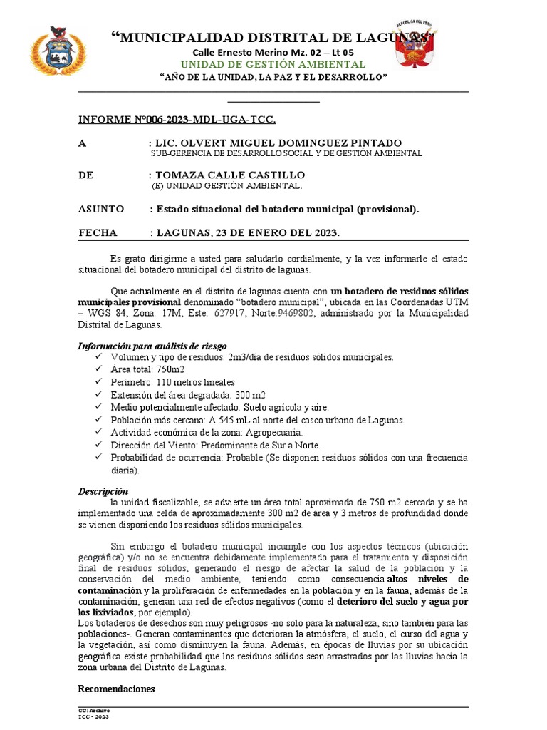 Informe N°006 - 2023 Estado Situacional Del Botadero Municipal | PDF | Vertedero | Residuos
