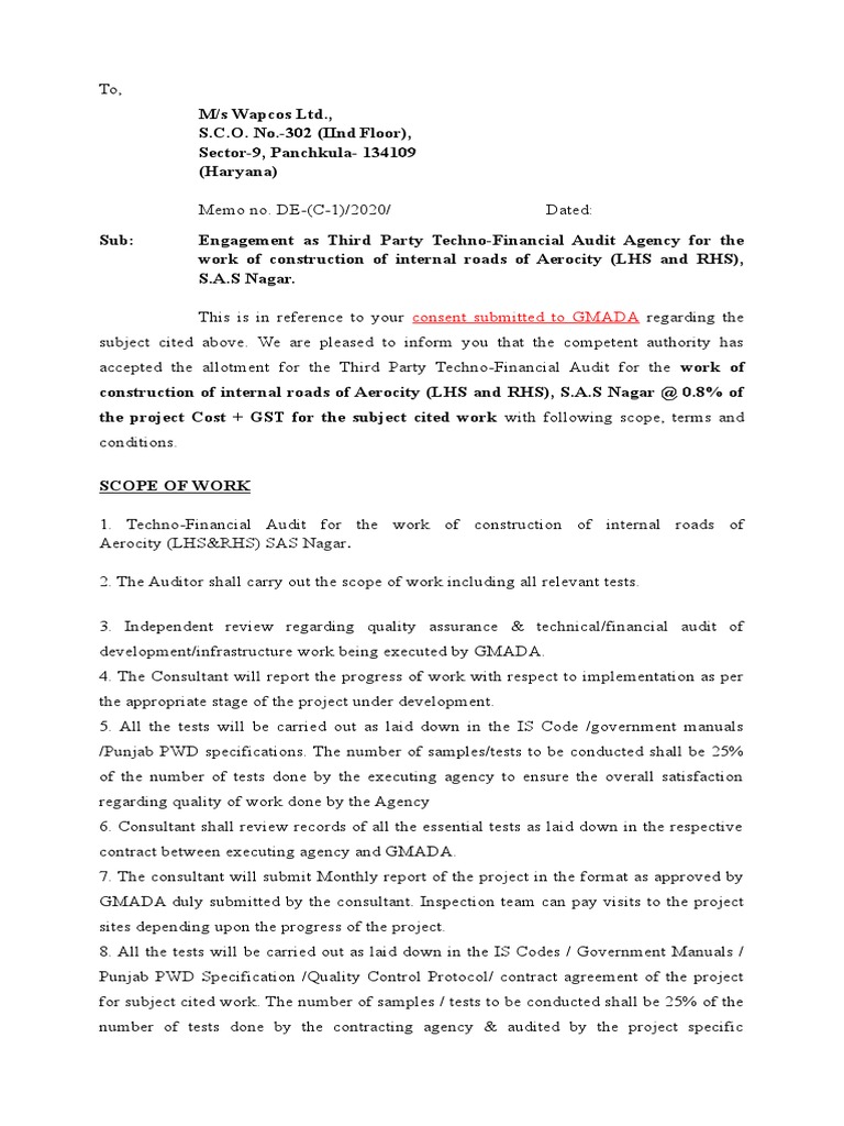 allotment letter to WAPCOS latest | PDF | Audit | Consultant