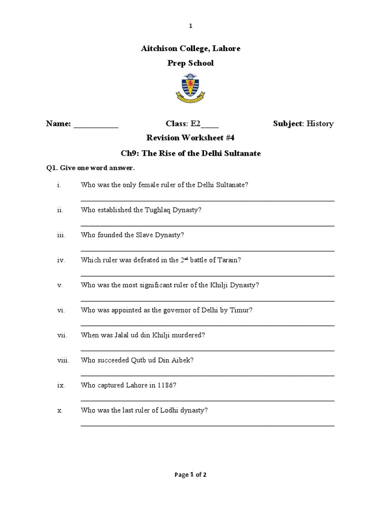 Aitchison College, Lahore Prep School: Q1. Give One Word Answer | PDF