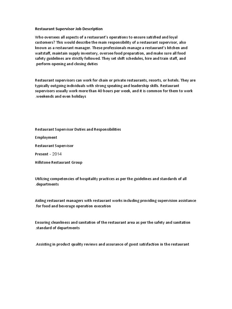 Restaurant Supervisor Job Description | PDF | Restaurants | Waiting Staff