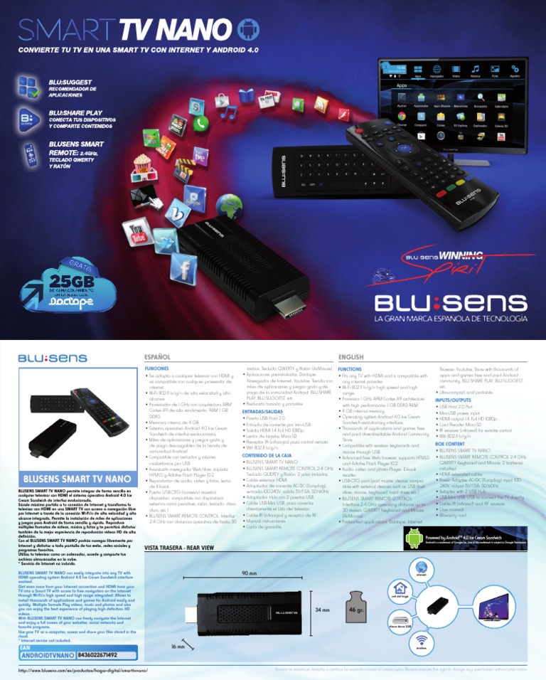 Blusens Smart TV Nano Smarttvnano Prospecto | PDF | USB | Hdmi