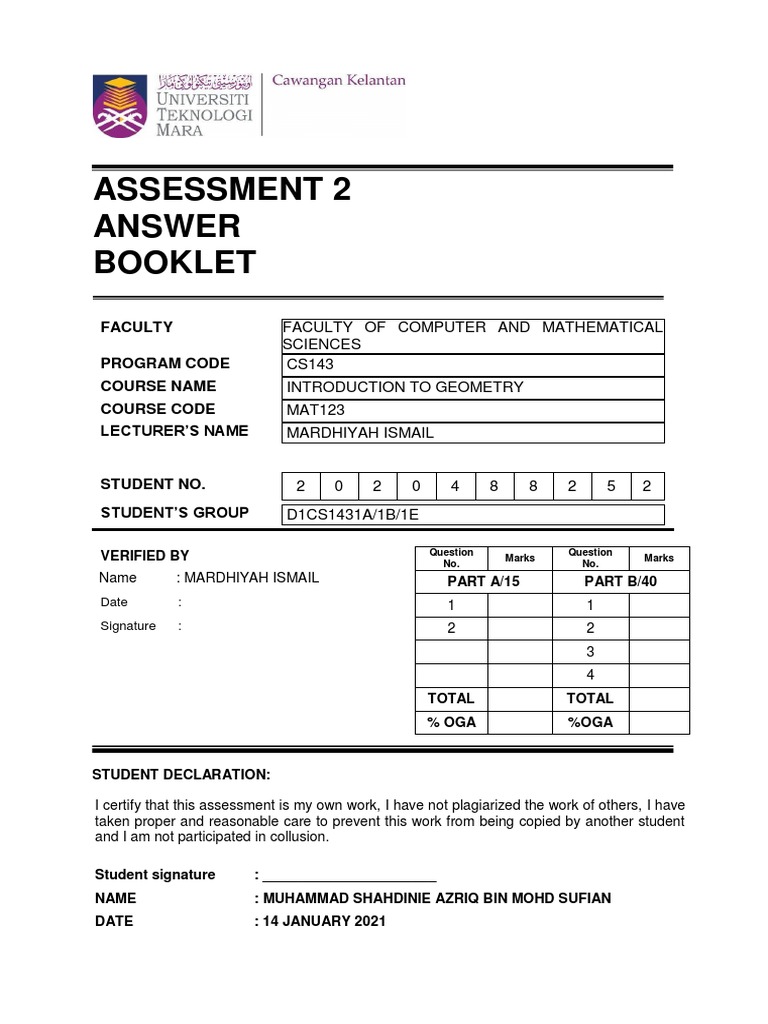 Cover Page Assessment 2 Mat123 | PDF