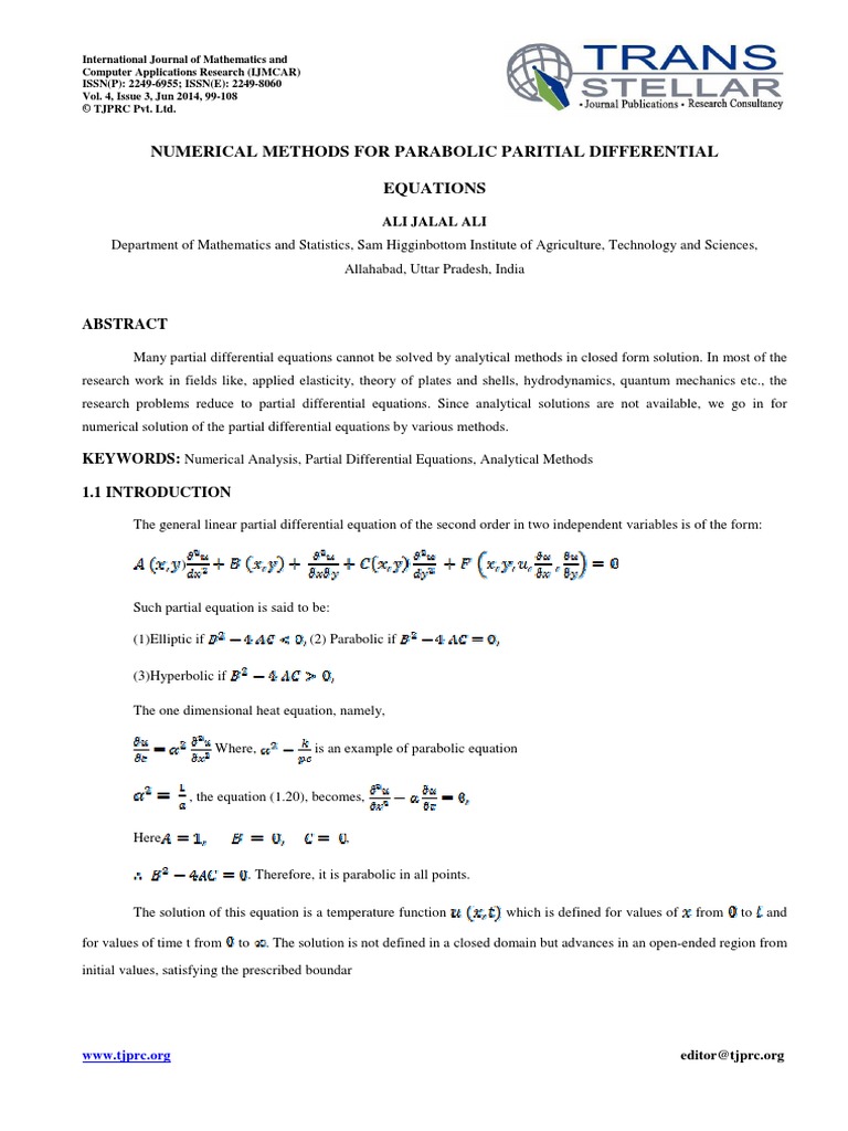 Numerical Methods For Parabolic Paritial | PDF | Partial Differential Equation | Equations