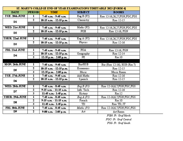Form 4 End of Year Exam Timetable 2023 (New) | PDF