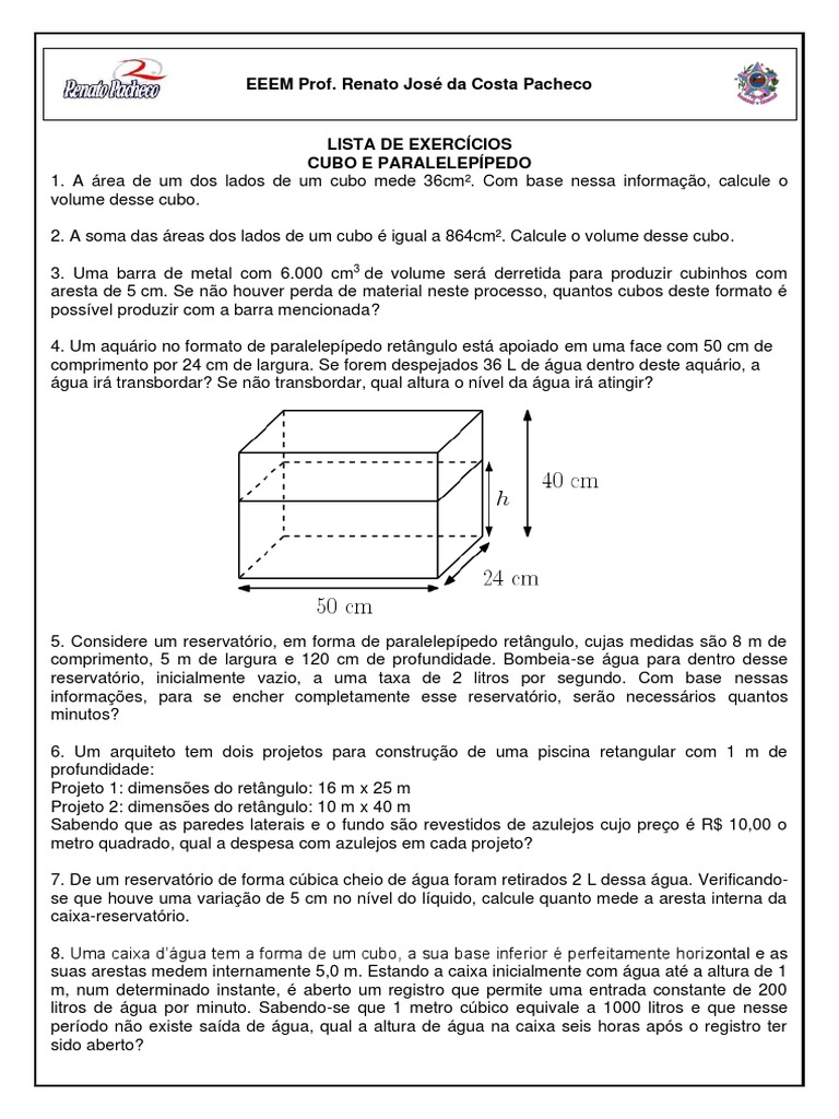 Lista de Exercícios - Cubo e Paralelepípedo | PDF