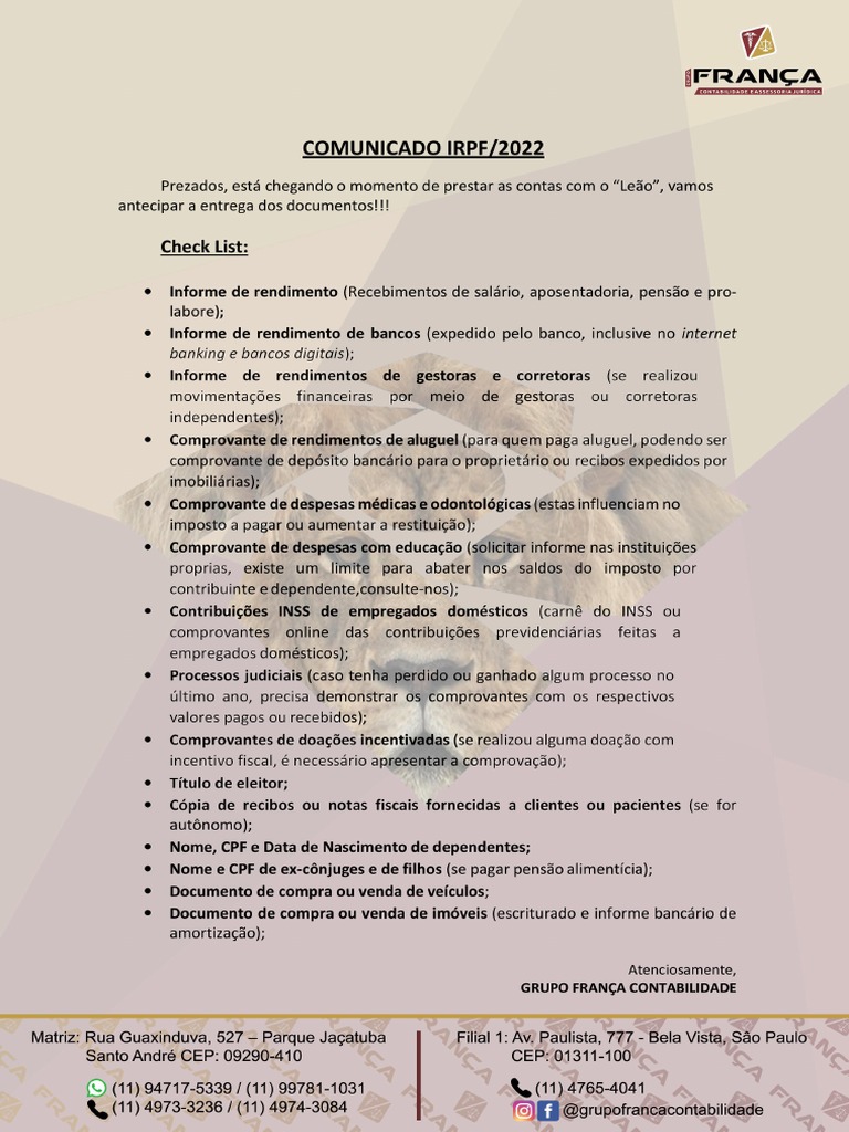 Check List - IRPF 2022 (Novo) | PDF