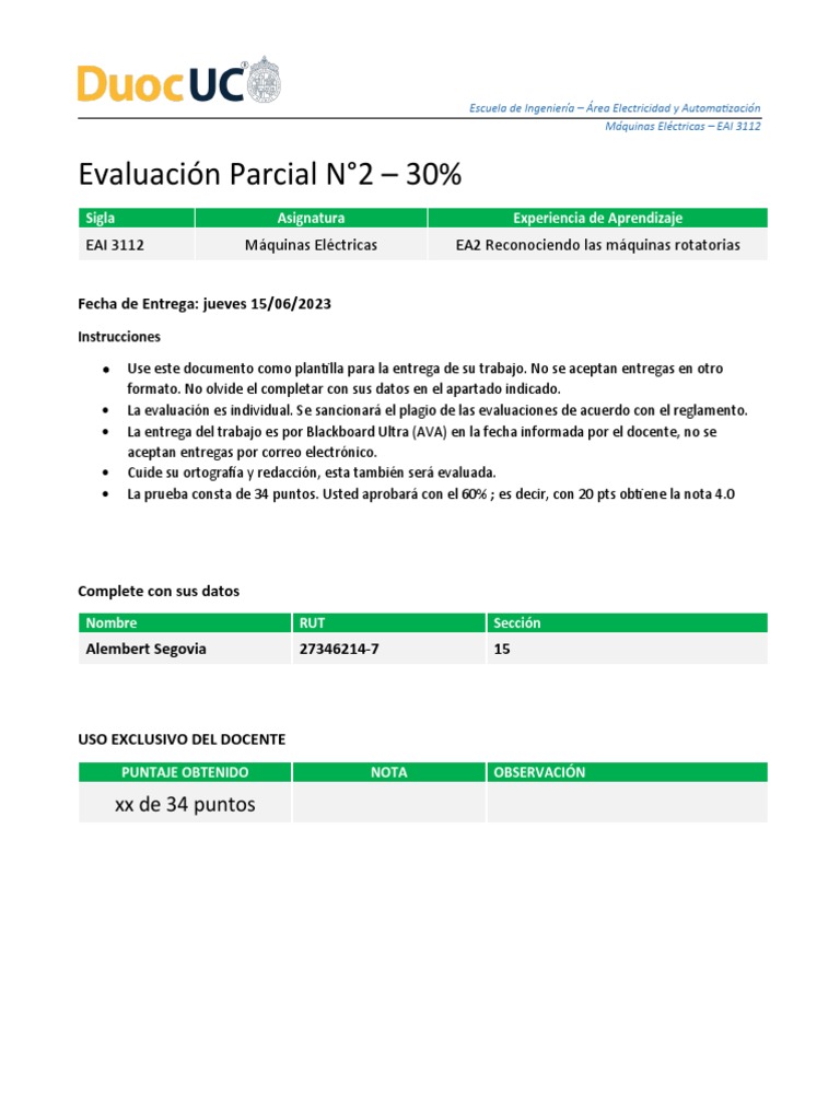 Evaluación Sumativa 2 - Máquinas Eléctricas - Alembert Segovia | PDF | Generador eléctrico ...