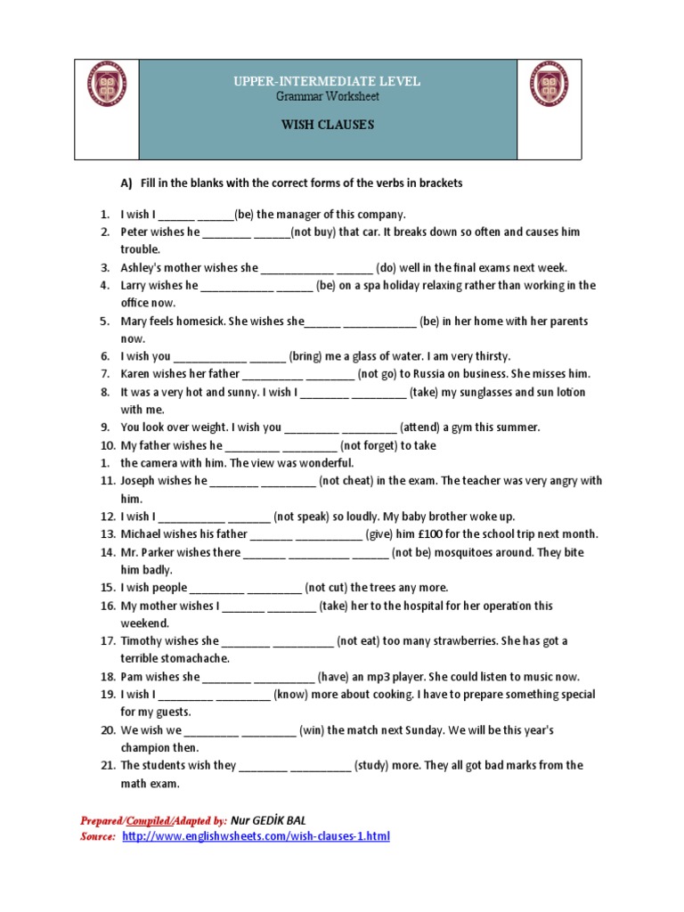 Grammar Worksheet WISH CLAUSES 2 | PDF | Linguistics