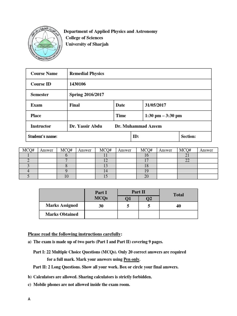 Remedial Physics Final Exam 2017 | PDF