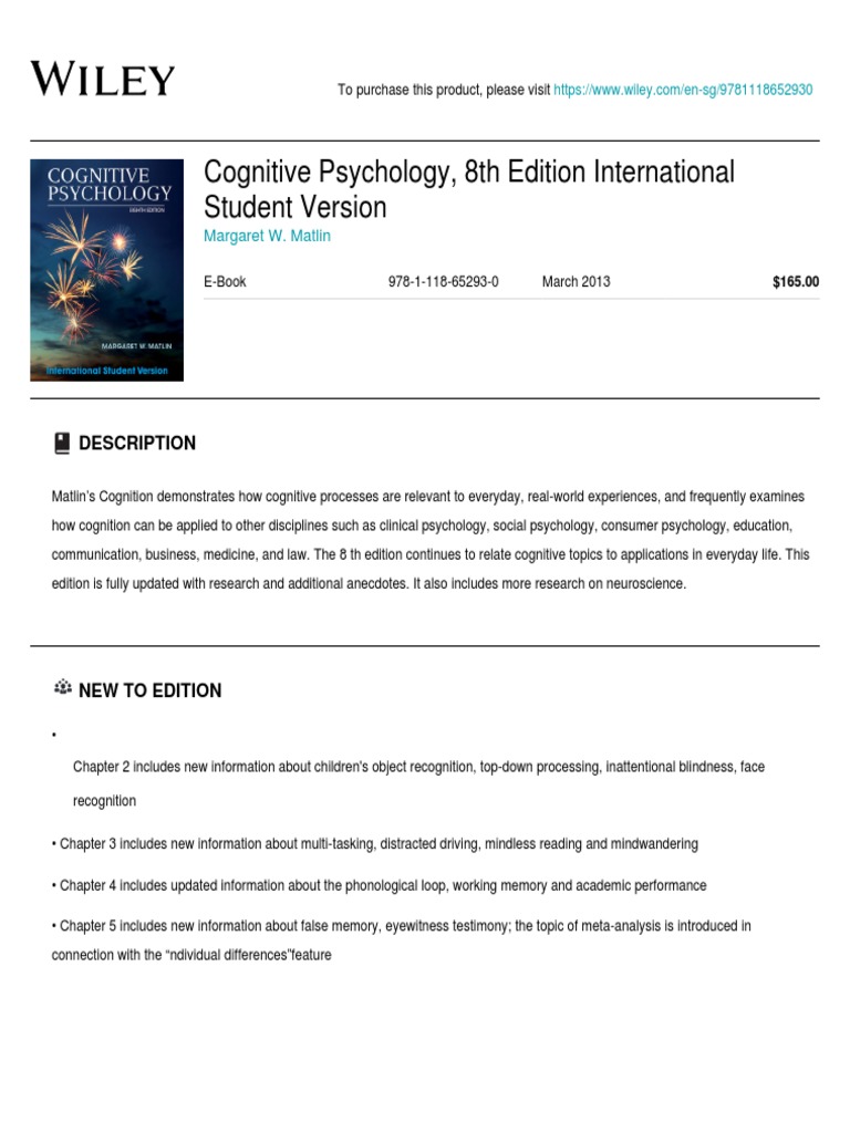 Wiley Cognitive Psychology 8th Edition International Student Version
