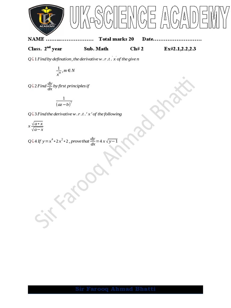 2nd Year Math ch#2 Ex# 2.1,2.2,2.3 Test Subjective | PDF | Teaching ...