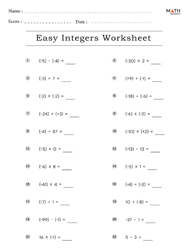 Easy Integers Worksheets | PDF