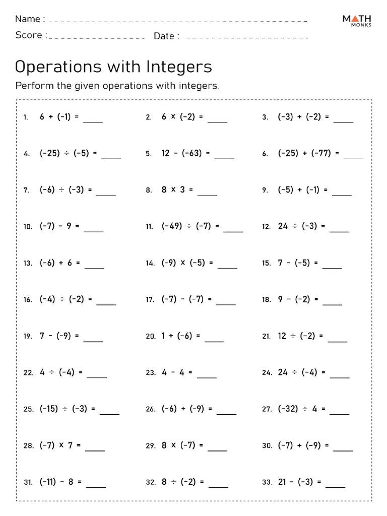 Integer Operations Worksheet | PDF