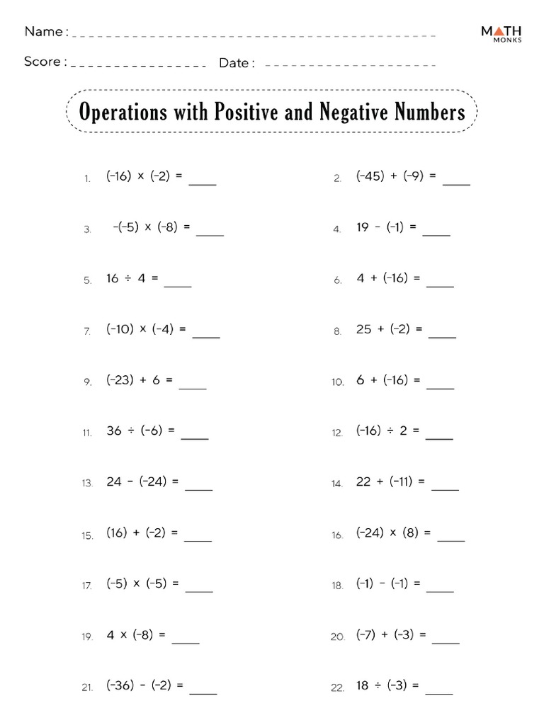 Operations With Positive and Negative Integers Worksheet | PDF