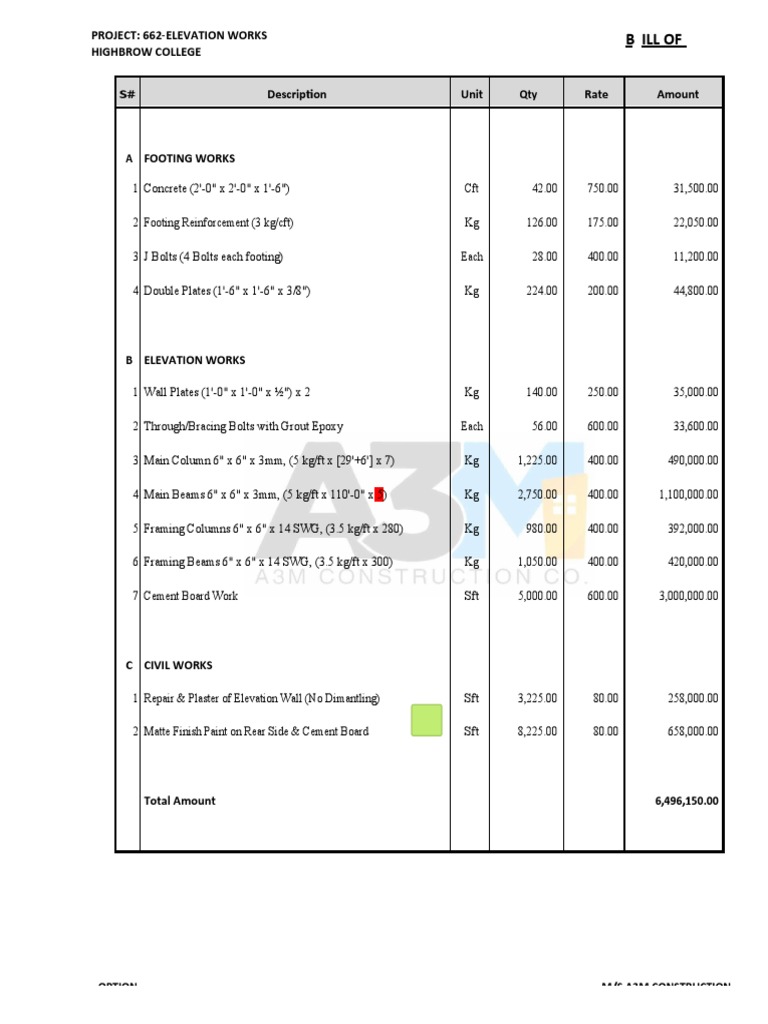 Project: 662-Elevation Works Highbrow College S# Description Unit Qty Rate Amount | PDF ...