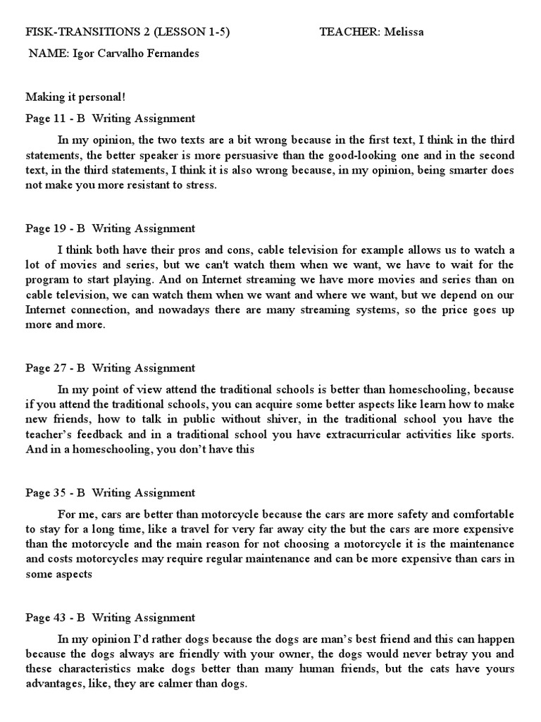Fisk-Texts-Igor Carvalho-Transition 2-Lesson 1-5 | PDF