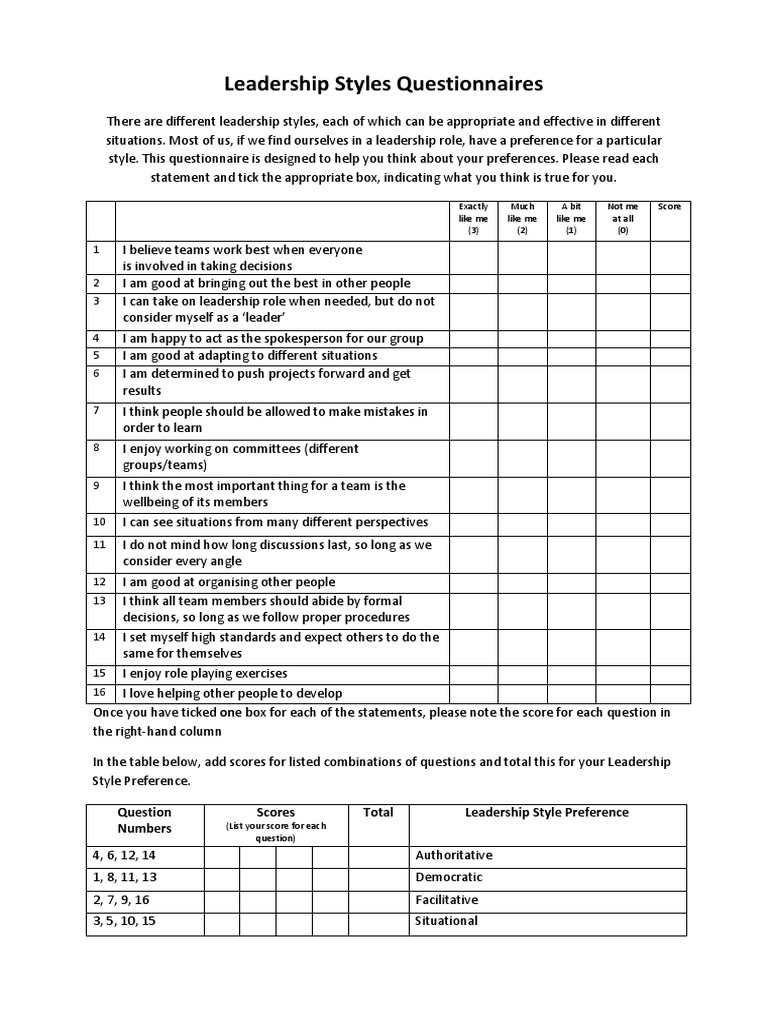 Leadership Questionnaire Fillable | PDF | Leadership | Psychological ...
