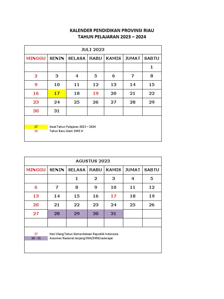 Kalender Pendidikan Provinsi Riau TP 2023 - 2024 | PDF