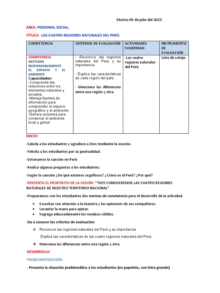 Sesion LAS 4 REGIONES NATURALES DEL PERÙ. | PDF