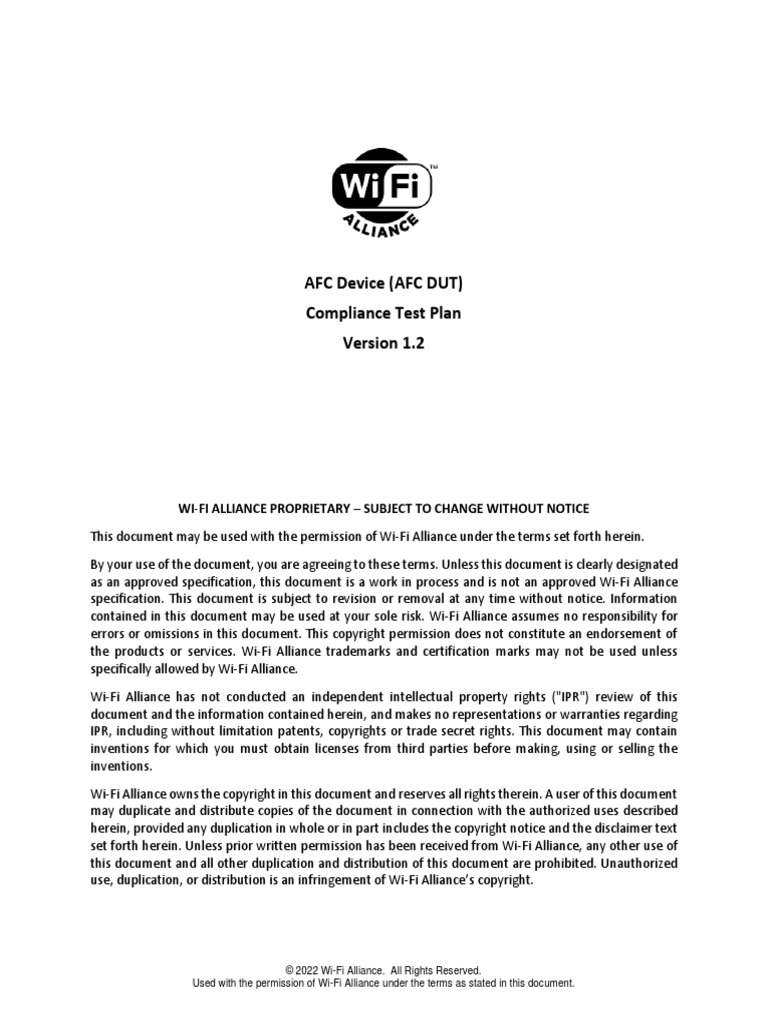 AFC DUT Compliance Test Plan v1.2 | PDF | Ieee 802.11 | Wi Fi