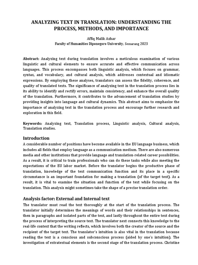 Analyzing Text In Translation Pdf Translations Question