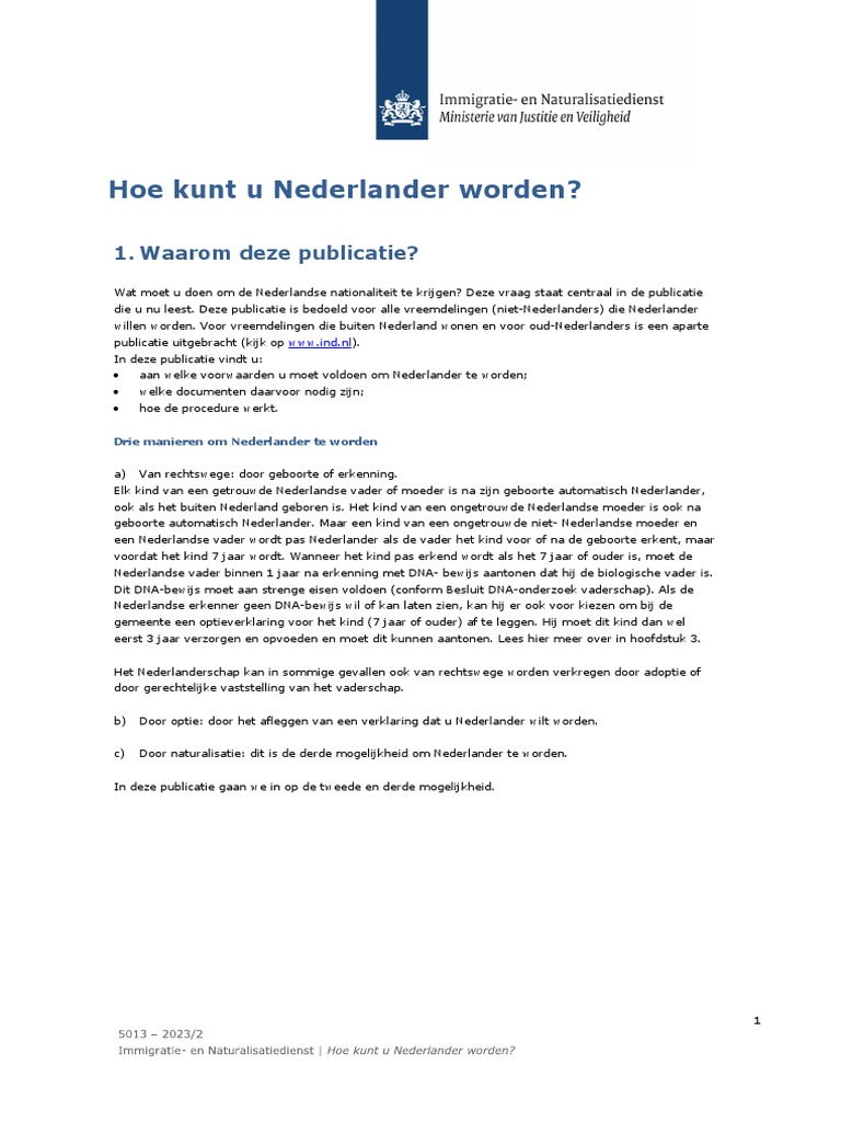 Hoe Kunt U Nederlander Worden?: 1. Waarom Deze Publicatie? | PDF