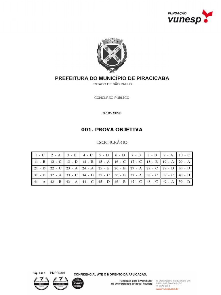 Vunesp 2023 Prefeitura de Piracicaba SP Escriturario Gabarito | PDF