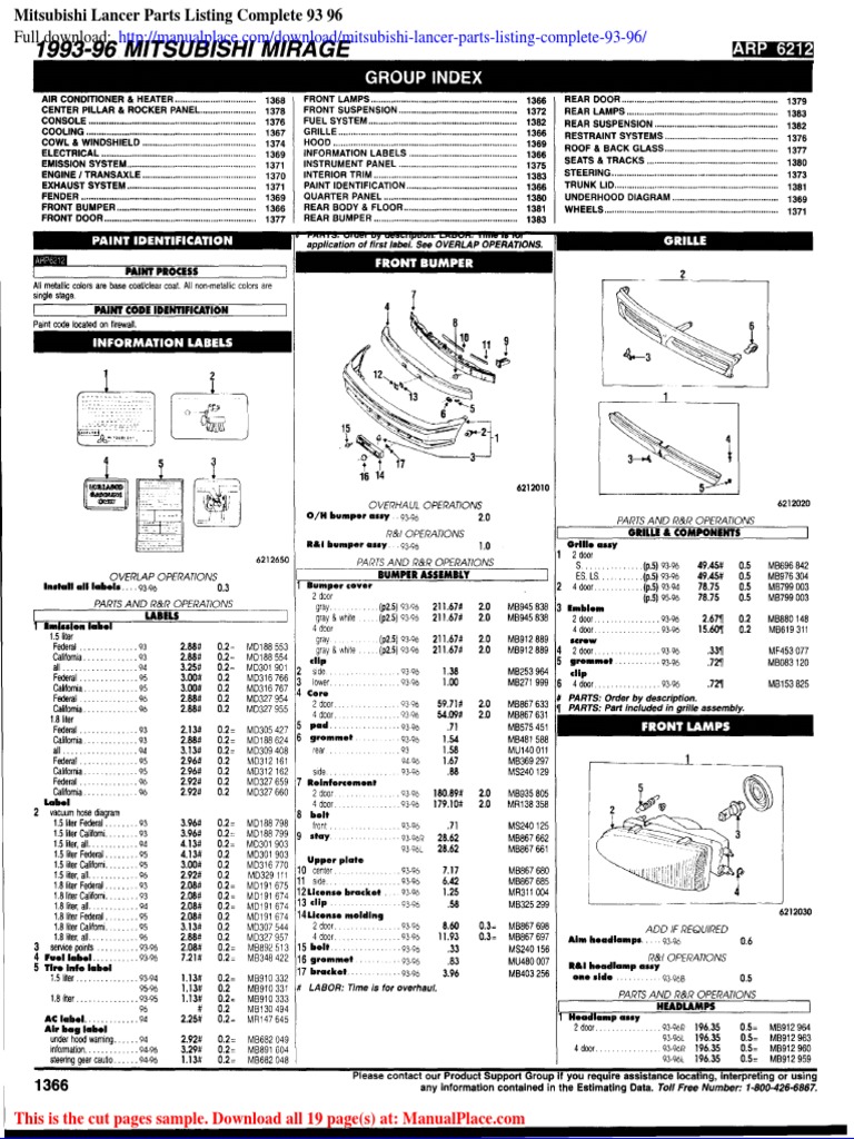 Mitsubishi Lancer Parts Catalog 93-96 | PDF