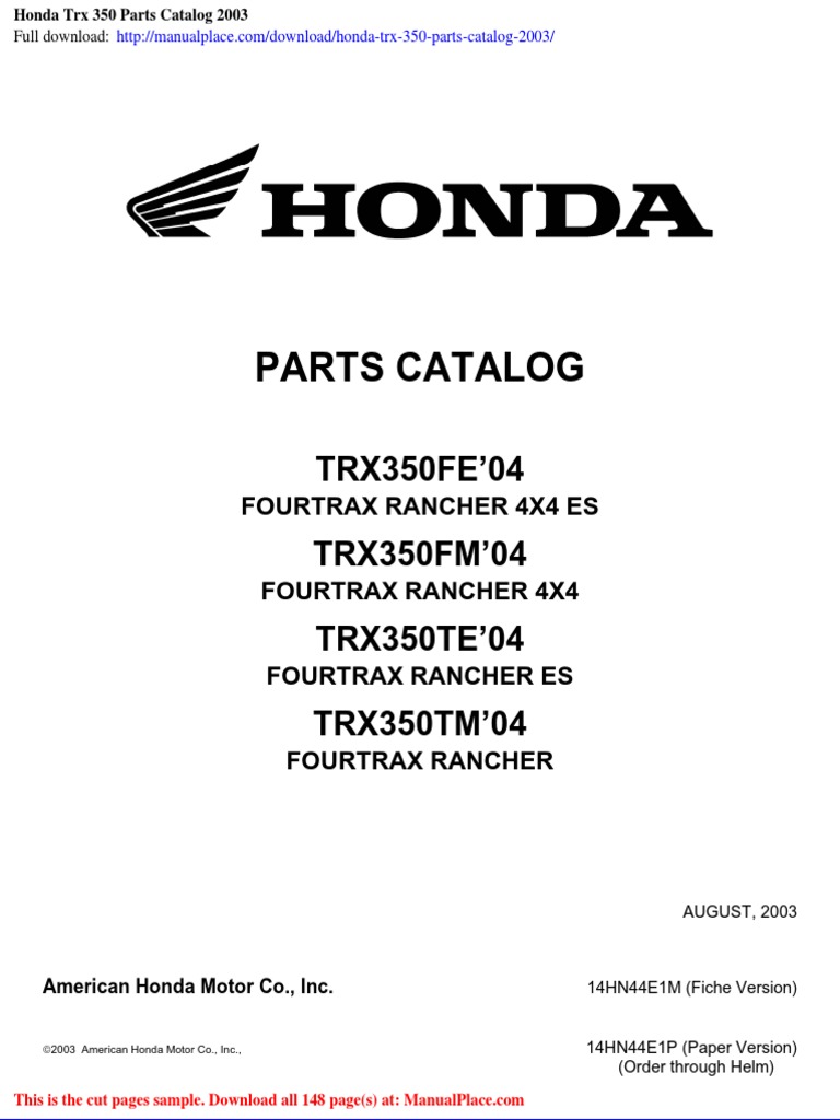 Honda TRX 350 Parts Catalog 2003 | PDF