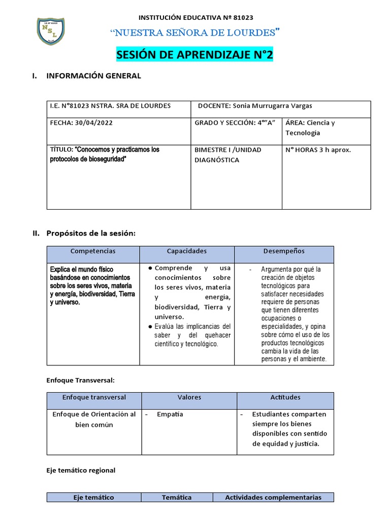 Exp. Diagnostica - Sesión de Aprendizaje N°2 - Marzo | PDF | Maestros | Aprendizaje