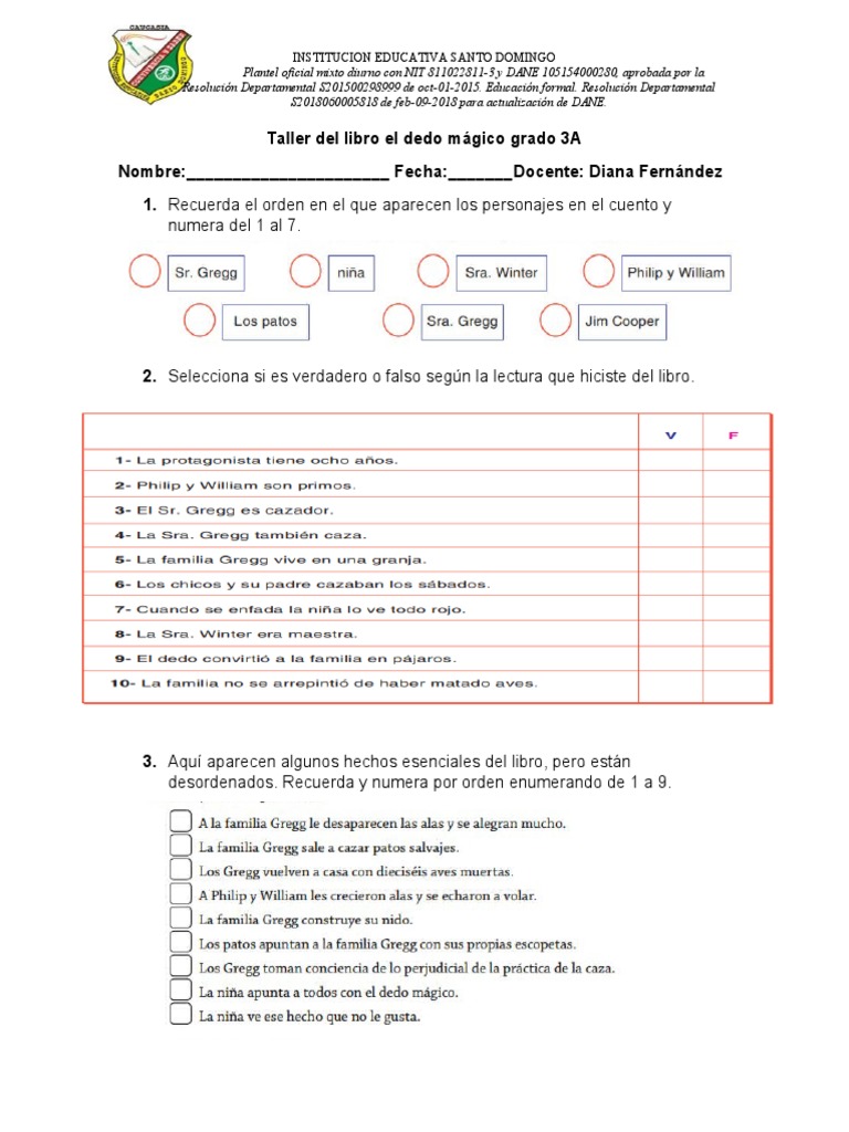 Taller del libro el dedo mágico grado 3A | PDF