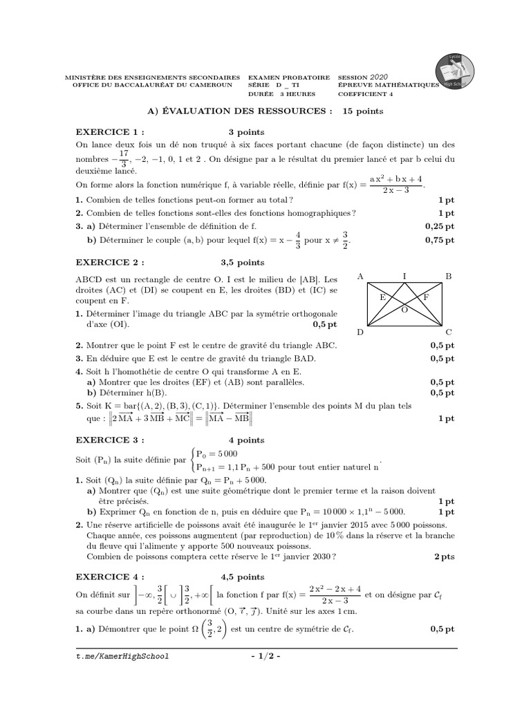 Examen Probatoire Série D - Ti Session 2020 Épreuve Mathématiques Cameroun | PDF