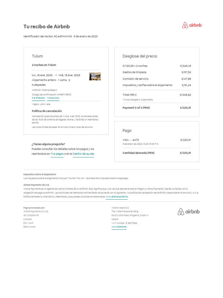 Recibo de Airbnb | Descargar gratis PDF | Airbnb