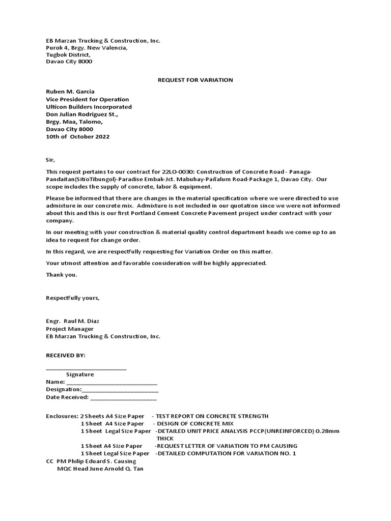 Request Letter For Variation To RMG | PDF
