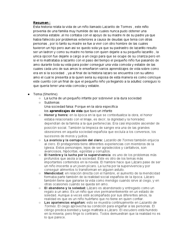 Lazarillo de Tormes - Resumen | PDF