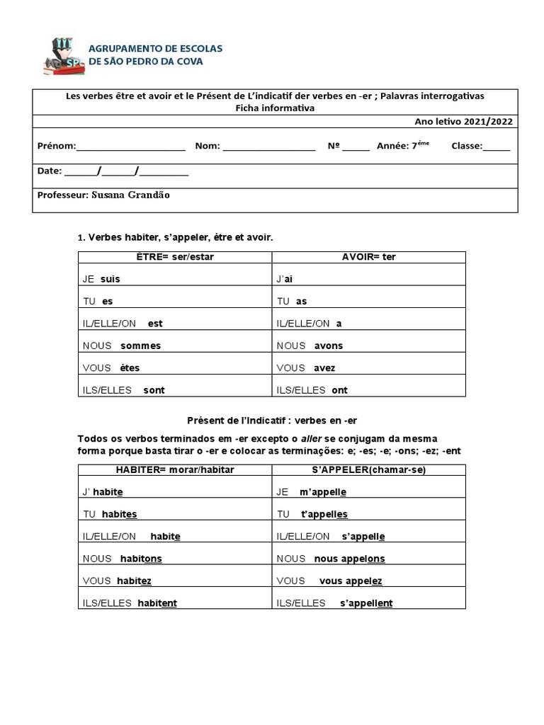 ÊTRE ET AVOIR verbos em -er -palavras interrogativas ficha informativa ...