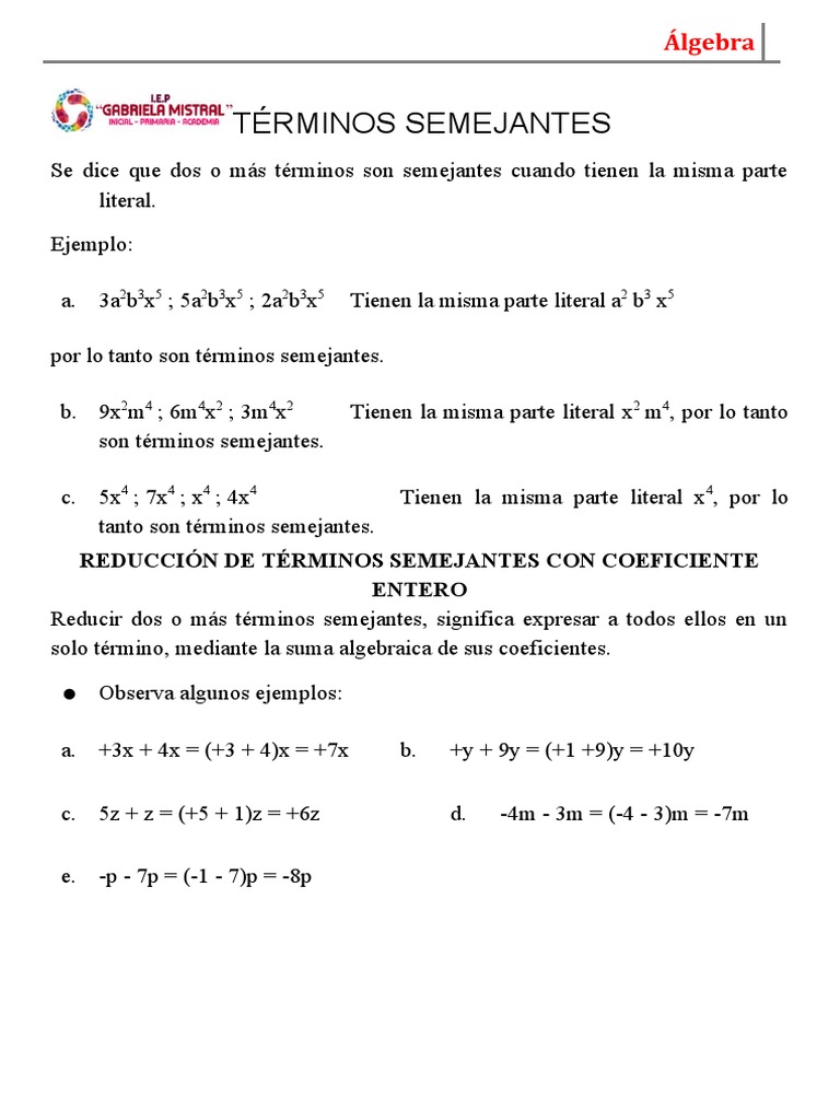 Terminos Semejantes | Descargar gratis PDF | Matemáticas | Álgebra