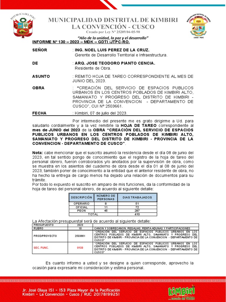 Informe #130 Informe de Hoja de Tareo - Junio | PDF